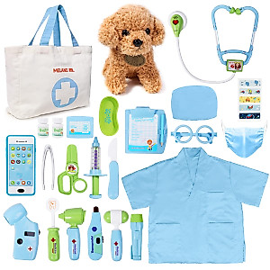 Meland Toy Doctor Kit for Kids - Pretend Play Doctor Set with Dog Toy, Carrying Bag, Stethoscope Toy & Dress Up Costume - Doctor Play Gift for Kids Toddlers Ages 3 4 5 6 Year Old for Role Play
