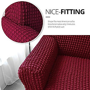 NICEEC Sofa Slipcover Red Sofa Cover 1 Piece Easy Fitted Sofa Couch Cover Universal High Stretch Durable Furniture Protector with Skirt Country Style (3 Seater Wine Red), Large