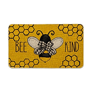 Artoid Mode Bee Kind Bow Tie Yellow Spring Doormat, Seasonal Summer Home Decor Low-Profile Switch Rug Door Mat Floor Mat for Indoor Outdoor 17x29 Inch