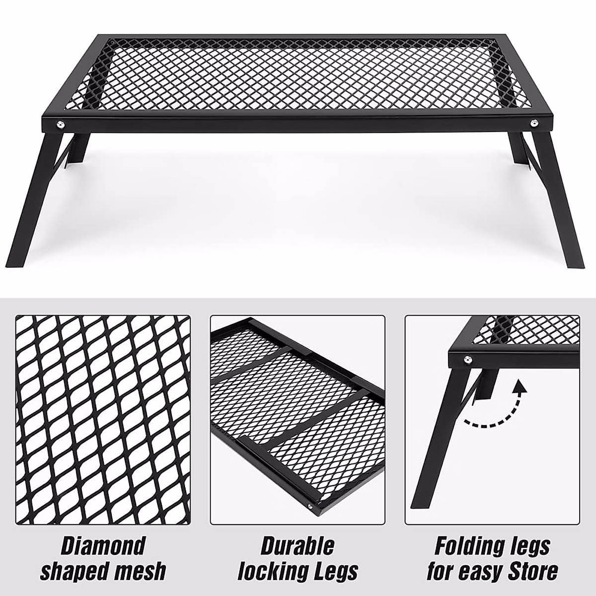Folding Campfire Grill Heavy Duty Steel Grate with Legs Portable Over Fire Camp Grill for Outdoor Cooking Grill Traveling Picnic, Black （21.6" x 11.8"）