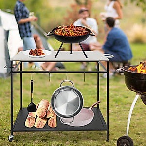 Mobile Double-Shelf Outdoor Grill Cart, Stainless Steel Dining Cart Table with Hooks and Handles, Portable Dining Table for Pizza Oven, Portable Grill Table with Storage Space