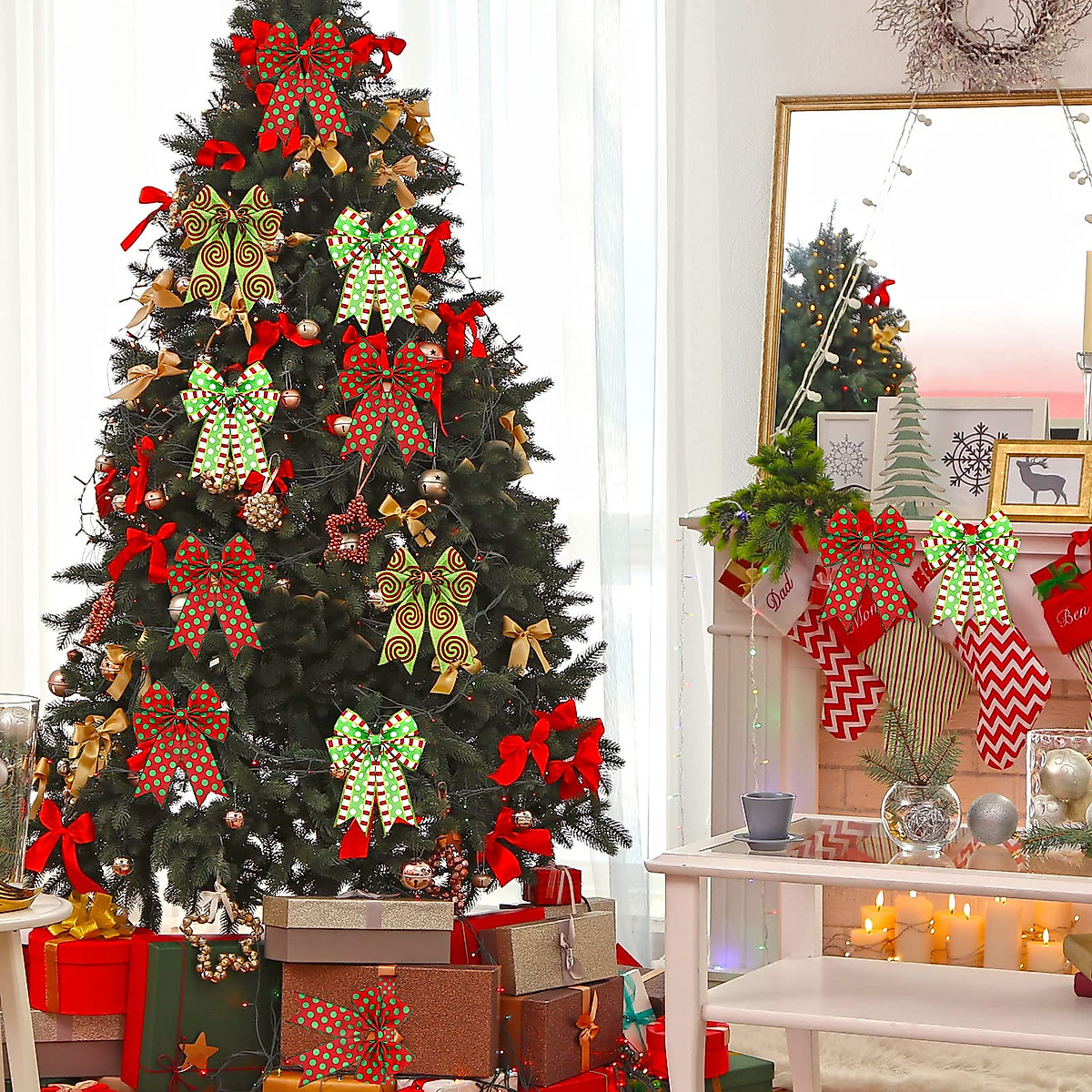 Yinder 3 Rolls Christmas Wired Ribbon Red and Lime Green Christmas Wrapping Ribbon 2.56 in Wide Polka Dot Swirl Fabric Xmas Decorative for DIY Crafts Tree Decorations