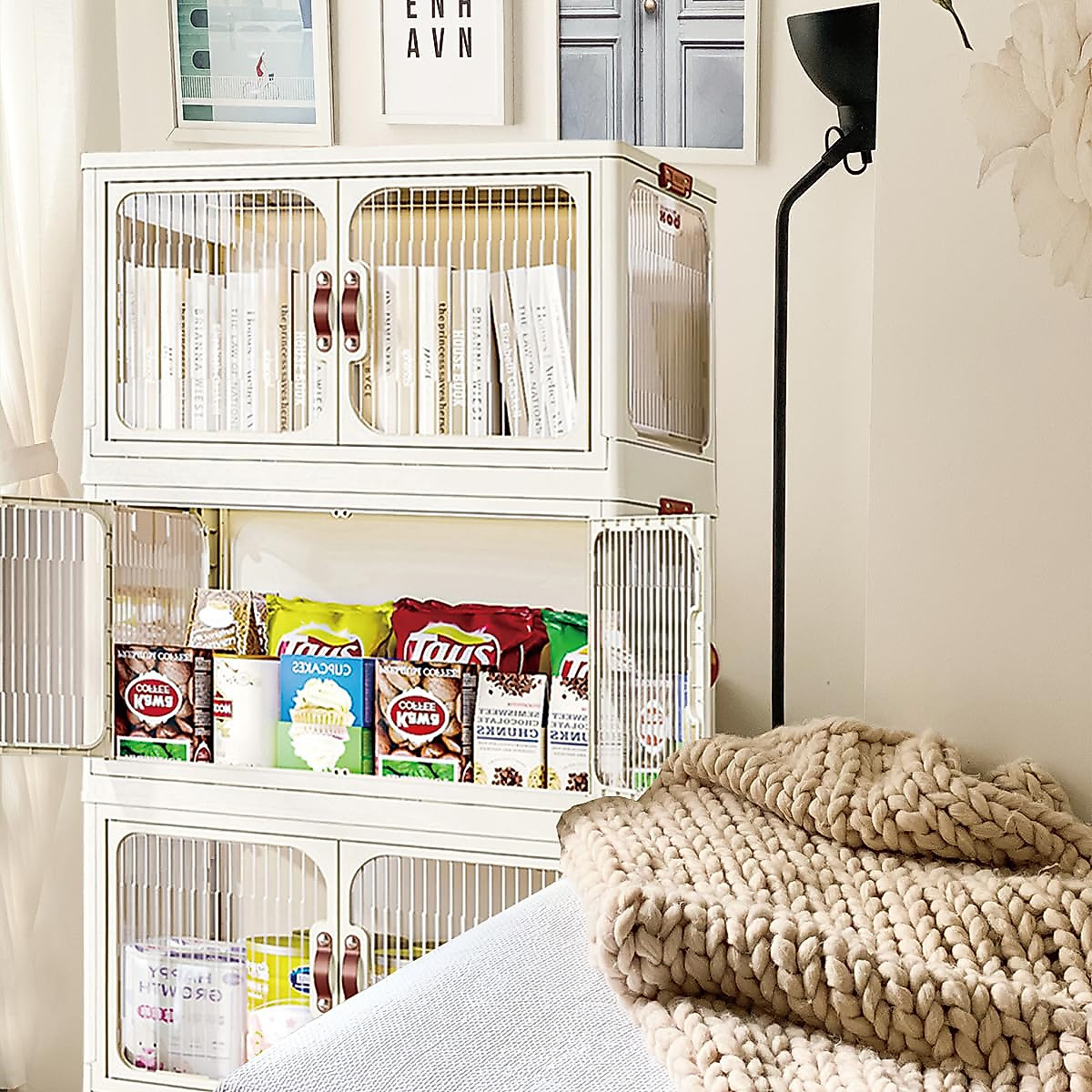 Quaocens Plastic Collapsible Storage Bins with Lids and Wheel,3-Tier Foldable Storage Boxes with Doors,Stackable Closet Storage Collapsible Storage Bin Is Suitable for Organizing Books,Clothes