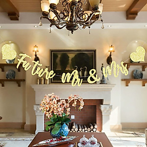 PALASASA Future Mr & Mrs Banner,Glitter Wedding Party Decor Props,Bridal Shower/Engagement/Bachelorette Party Decorations-Pre-Strung (Gold)