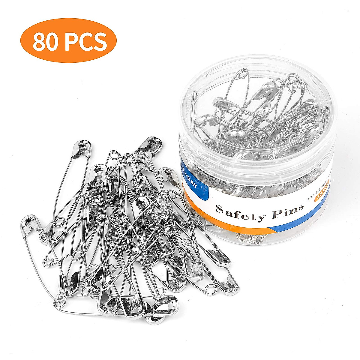 A+DAY Large Safety Pins 2.2 Inch (56mm), Size 4, 80-Count, Nickel Finish