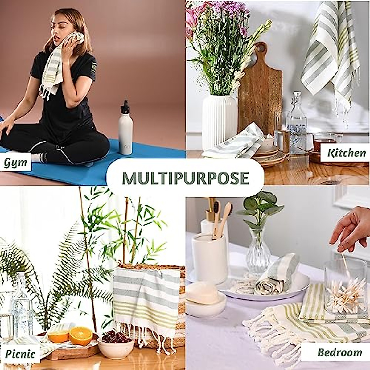 Folkulture Hand Towels for Bathroom, Set of 2 Decorative Hand Towels with Hanging Loop, 100% Cotton Turkish Hand Towels Set or Boho Hand Towels for Kitchen 16" x 30" Inches (Fiji - Sage Green)