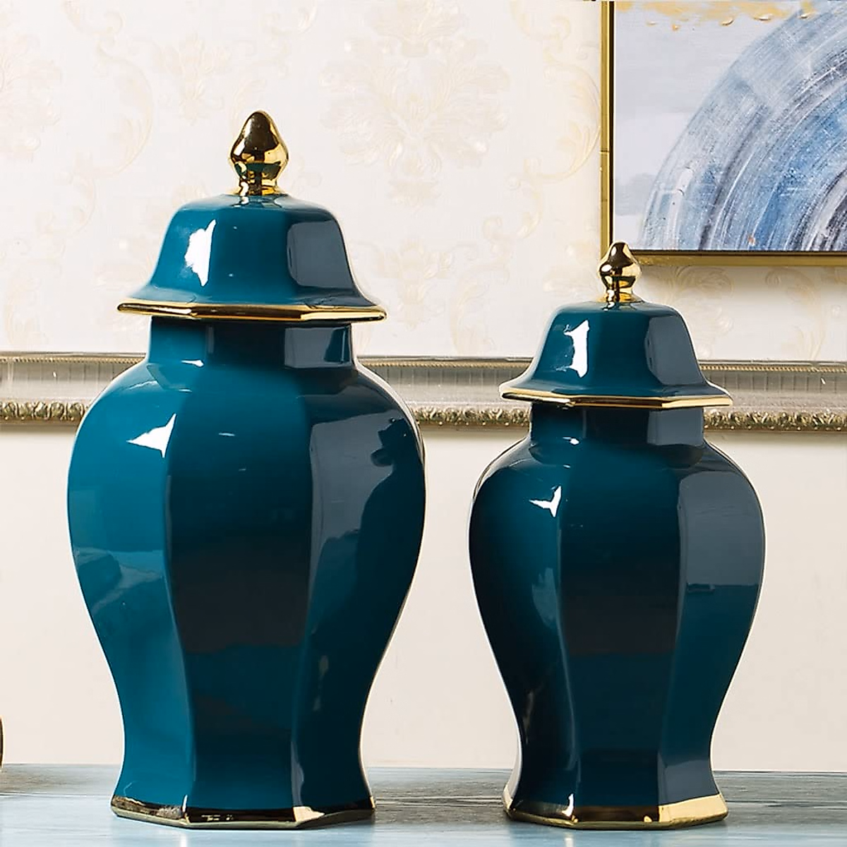 Handmade Green Hexagon Ginger Jar Vase Ornament, Home & Living Room Decorative Jar, Gold-Plated Ceramic Temple Jar (Size : Large)