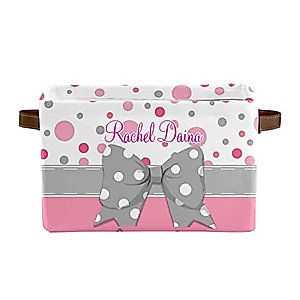 Polka Dots Bow Pink Personalized Storage Bins Basket Cubic Organizer with Durable Handle for Shelves Wardrobe Nursery Toy 1 Pack