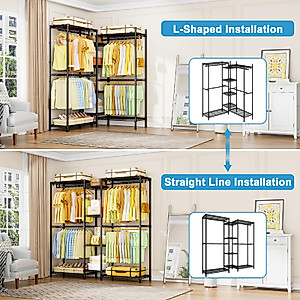 Ulif E4 Clothes Rack, Heavy-Duty Garment Rack, Metal Freestanding Clothing Organization Storage System Can Be L-Shaped with Shelves and Hangers, Max Load 920lbs, 71.6" W x 14.5" D x 79.3" H, Black