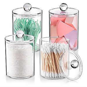 XIPENGKEJI 4 Pack Qtip Holder, Apothecary Jars Cotton Ball Holder Dispenser, Bathroom Jars with Lids Set for Cotton Round, Cotton Swab, 10oz Plastic Canisters Restroom Bedroom Vanity Organizer (Clear)