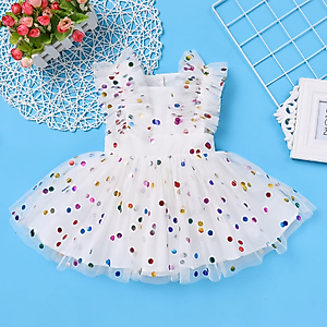 AWIBMK Baby Girls 1st Birthday Outfit Colorful Polka Dots Princess Tutu Dress Cake Smash Clothes for Photo Shoot White 12-18 Months