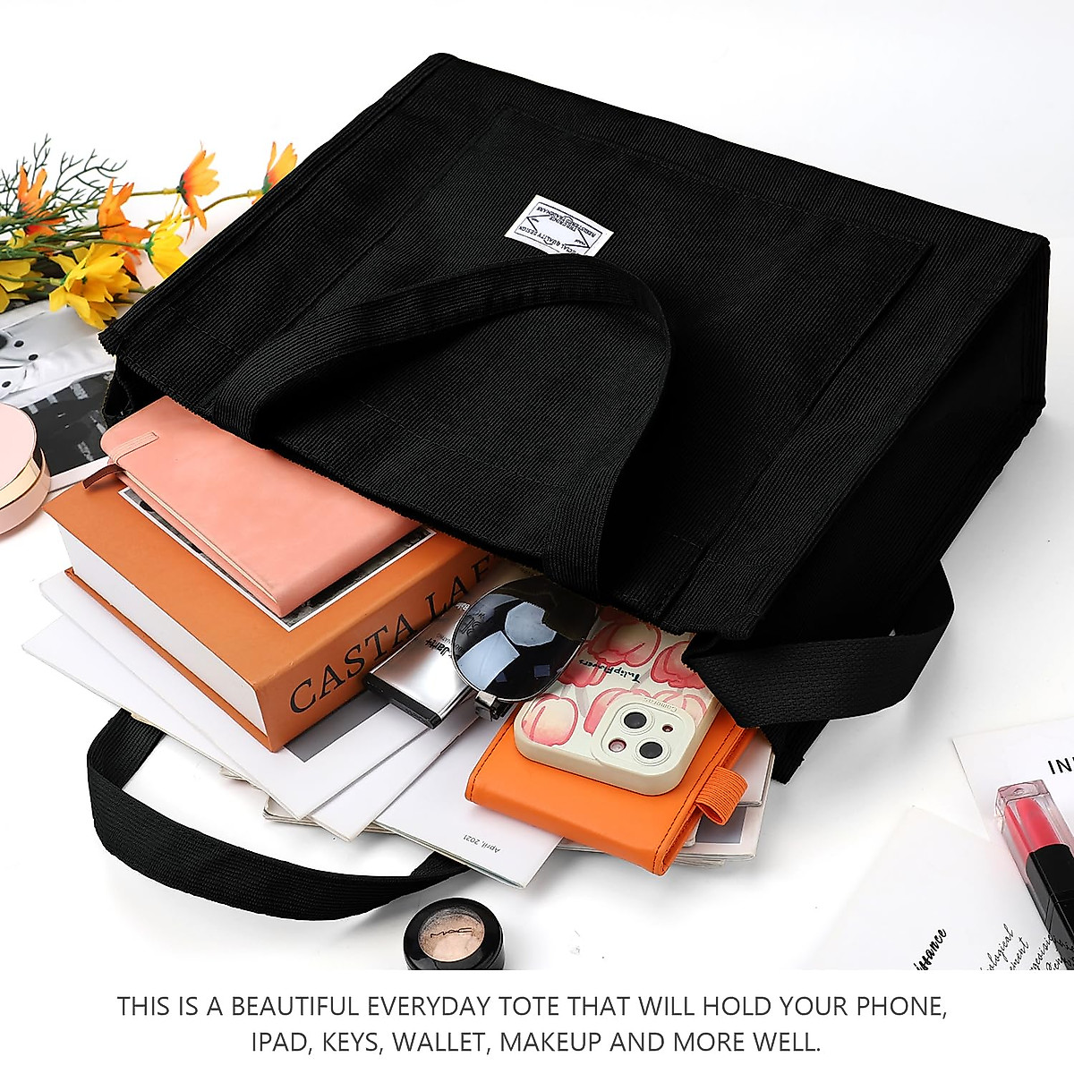 Corduroy Tote Bag for Women - Satchel Bag Large Tote Bag Aesthetic Crossbody Bag Handbag - School Work Travel Shopping Beach(Black)