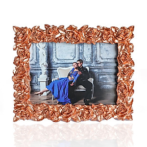 MOMLKFDAY Gold 5x7 Picture Frames Vintage Photo Frame Rose Gold Flower Leaf with Glass Front Antique Picture Frame for Tabletop Wall Hanging (Rose Gold-5x7)