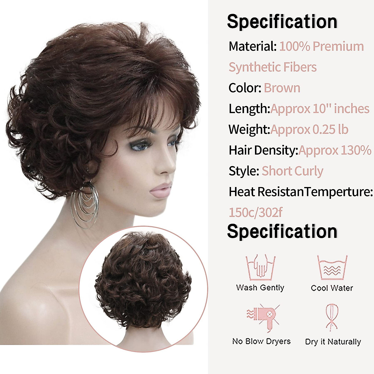 Kalyss Dark Brown Short Curly Wavy Wig with Hair Bangs 100% Imported Premium Synthetic Fashion Brown Hair Wigs for Women (Brown)