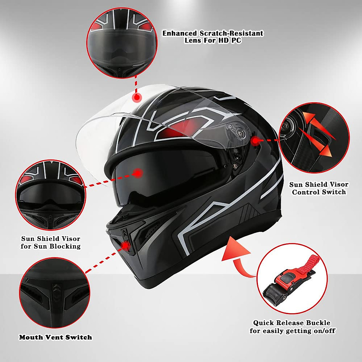 1STorm Motorcycle Street Bike Dual Visor/Sun Visor Full Face Helmet Mechanic Matt Black, Size Medium (55-56 CM,21.7/22.0 Inch)