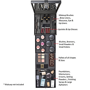 Glenor Co Makeup Organizer - Extra Large Exquisite Case w Modern Closure, 4 Drawer Trays & Full Mirror - Huge Cosmetic Storage Jewelry Box for Dresser, Counter-top & Vanity - PU Leather - Black