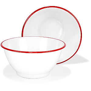 Red Co. Set of 2 Enamelware Metal Large Classic 4 quart Round Salad Serving Bowl, Solid White/Red Rim