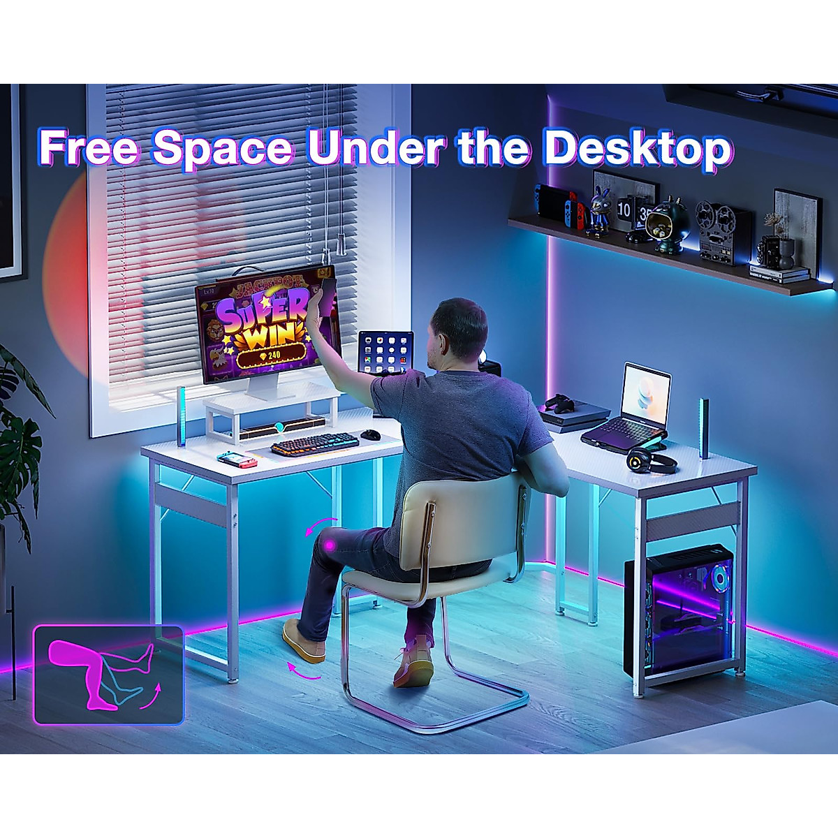 Casaottima L Shaped Gaming Desk, Corner Desk Gaming Table with Monitor Stand for Home Office, Computer Desk for Small Space, White