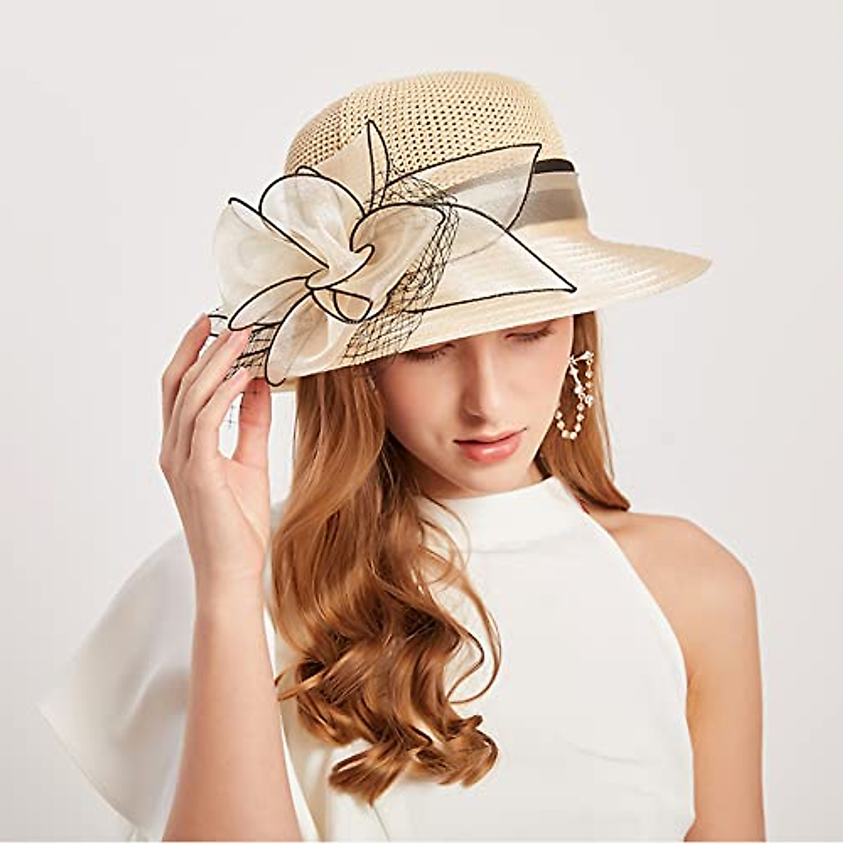 KORADI Women Organza Kentucky Derby Hat Fascinators Bucket Bowler Hat for Tea Party Bridal Wedding Church Dress Hat Wide Brim Sun Cap(Beige)