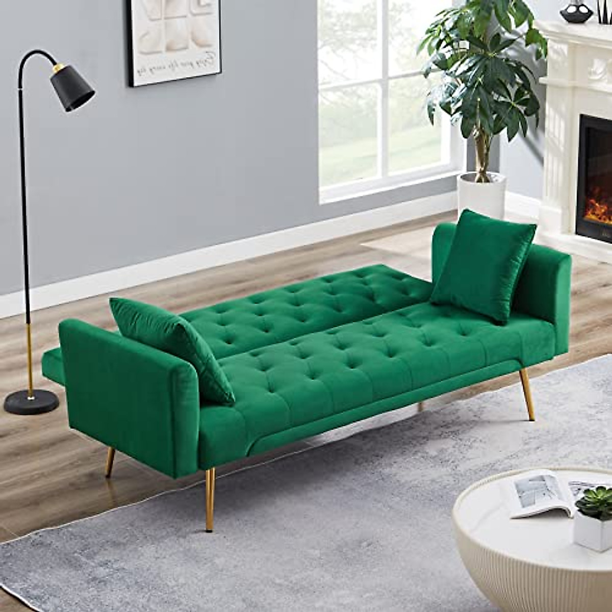 FANYE Green Velvet with 2 Pillows Metal Legs, 71.65"