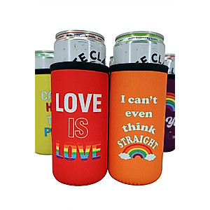 Gay Pride Stuff LGBTQ Coolies - Pride Accessories for Parade, Pride Wedding Favors, Coming Out Party Gift, Rainbow Gay Flag Merch, 12 oz Tall Skinny Can Coolie Insulated Sleeve, Proud Slim Can Cooler