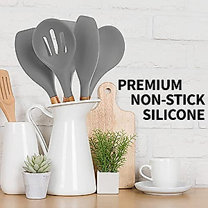 Zulay Kitchen Utensils Set - Non-Stick Silicone Cooking Utensils Set with Authentic Acacia Wood Handles - 5 Piece Silicone Utensil Set - Silicone Kitchen Utensils Set (Gray)