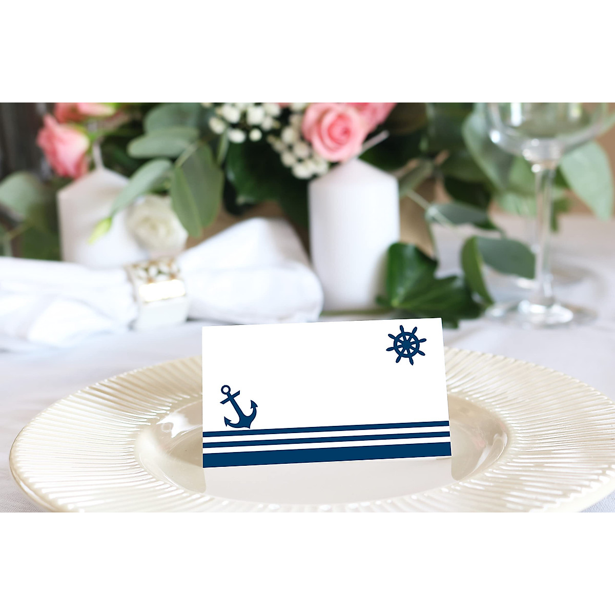 Nautical Place Cards - 25 Pack - Nautical Food Cards. Blue Anchor and Captain’s Wheel over Stripes Design, for Dinner Parties, Banquets, Cocktail Parties, Buffet. 2” x 3.5”. Scored for Folding.