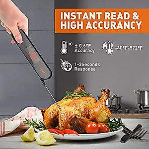 TOMVOV Instant Read Meat Thermometer, [IPX7 Waterproof / High Accuracy] Digital Meat Thermometer Reversible Display, 4.6" Foldable Probe, Rechargeable Grill Thermometer for Outdoor Cooking, BBQ