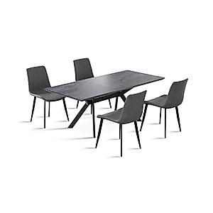 jiexi Extendable Dining Table Set for 6-8 Seat, Rectangular Solid Slate Stone Top with 4 Faux Leather Dining, Modern Kitchen Table with Extension Leaf, Extendable 55'' to 71'' for Kitchen Restaurant