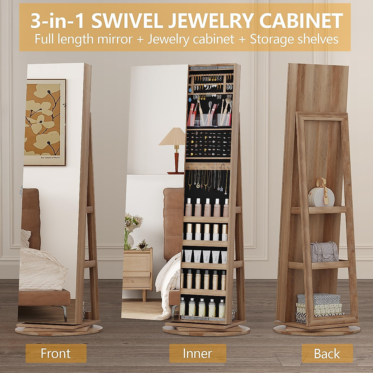 LVSOMT 360° Swivel Jewelry Cabinet with Full Length Mirror, 63" Large Jewelry Armoire Organizer, Lockable Mirror with Jewelry Storage, Floor Standing Mirror, Rear Storage Shelves
