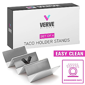 Taco Holders Stainless Steel Set of 4 - Stylish Taco Stand Up Holders for The Family - Reliable Grill and Oven Safe Taco Shell Holders Rack - Taco Holder Tray Stands for Taco Tuesday