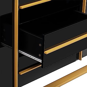 WADRI 59" Sideboard with 3 Drawers and 2 Cabinets, Wood Accent Storage Cabinet with Adjustable Shelves and Gold Metal Legs, Cabinet Console Table for Living Room, Home Office (Black + MDF-A46)