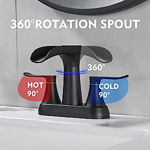 Matte Black Bathroom Faucet,Yundoom 4 Inch Centerset Bathroom Faucet,Waterfall Bathroom Faucet,2 Handle Bathroom Faucet for Sink 3 Hole,360 Degree Swivel Spout Bathroom Sink Faucet with Pop Up Drain