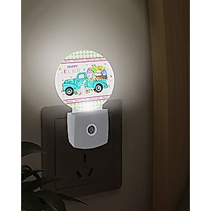 Spring Easter Round Night Lights Plug into Wall, Dusk to Dawn Sensor, Pink Green Plaid Truck Bunny Colorful Eggs LED Night Light for Kids Room, Bedroom, Bathroom, Nursery, Hallway, Stairs