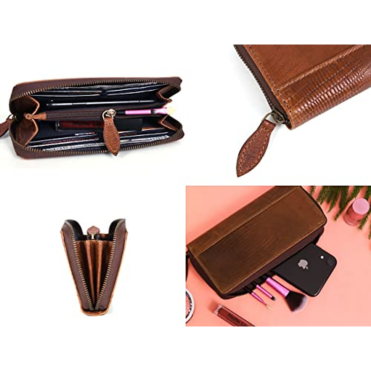 Aaron Leather Goods Women's RFID Blocking Large Capacity Leather Wallet Zip Around Phone Clutch Large Travel Purse Wristlet (Walnut)