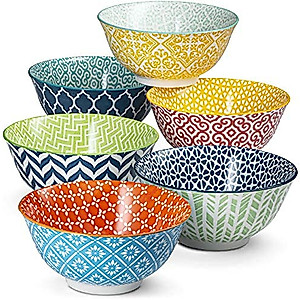 KooK Colorful Bowl, Ceramic Porcelain Bowls for Cereal, Fruit, Vibrant Patterned, Multi Color Designs, Housewarming Gift and Kitchen Decor for Soup, Salad, Set of 6, 18oz (Multicolor)