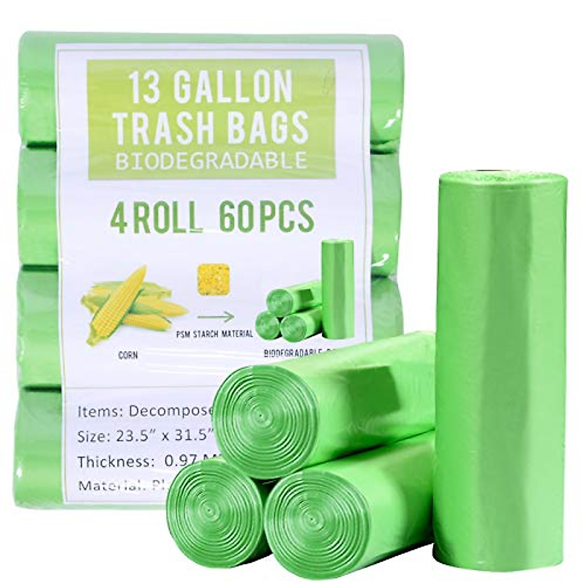 Biodegradable Trash Bags 13 Gallon for Kitchen Tall Trash Can, 0.97 Mil Thicken Large Garbage Bags Recycling Lawn Trash Can Liner Green 60 Counts