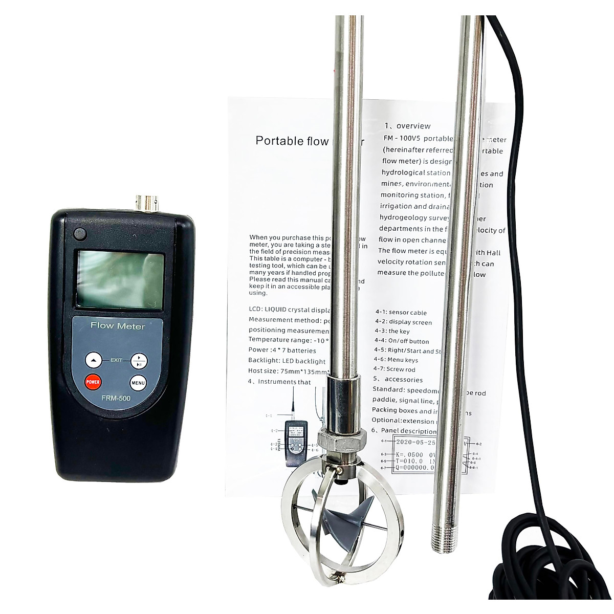 HFBTE Digital Water Velocity Meter River Velocity Meter Flow Rate Sensor for Open Channel Flow with Speed Range 0.01-5.00m/s LED Backlight Current Measurement Error ≤1.5% Pole Positioning Measurement