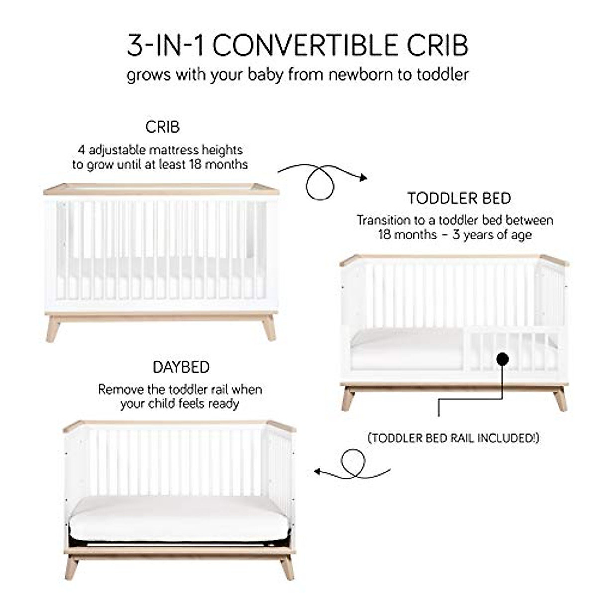 Babyletto Scoot 3-in-1 Convertible Crib with Toddler Bed Conversion Kit in White and Washed Natural, Greenguard Gold Certified