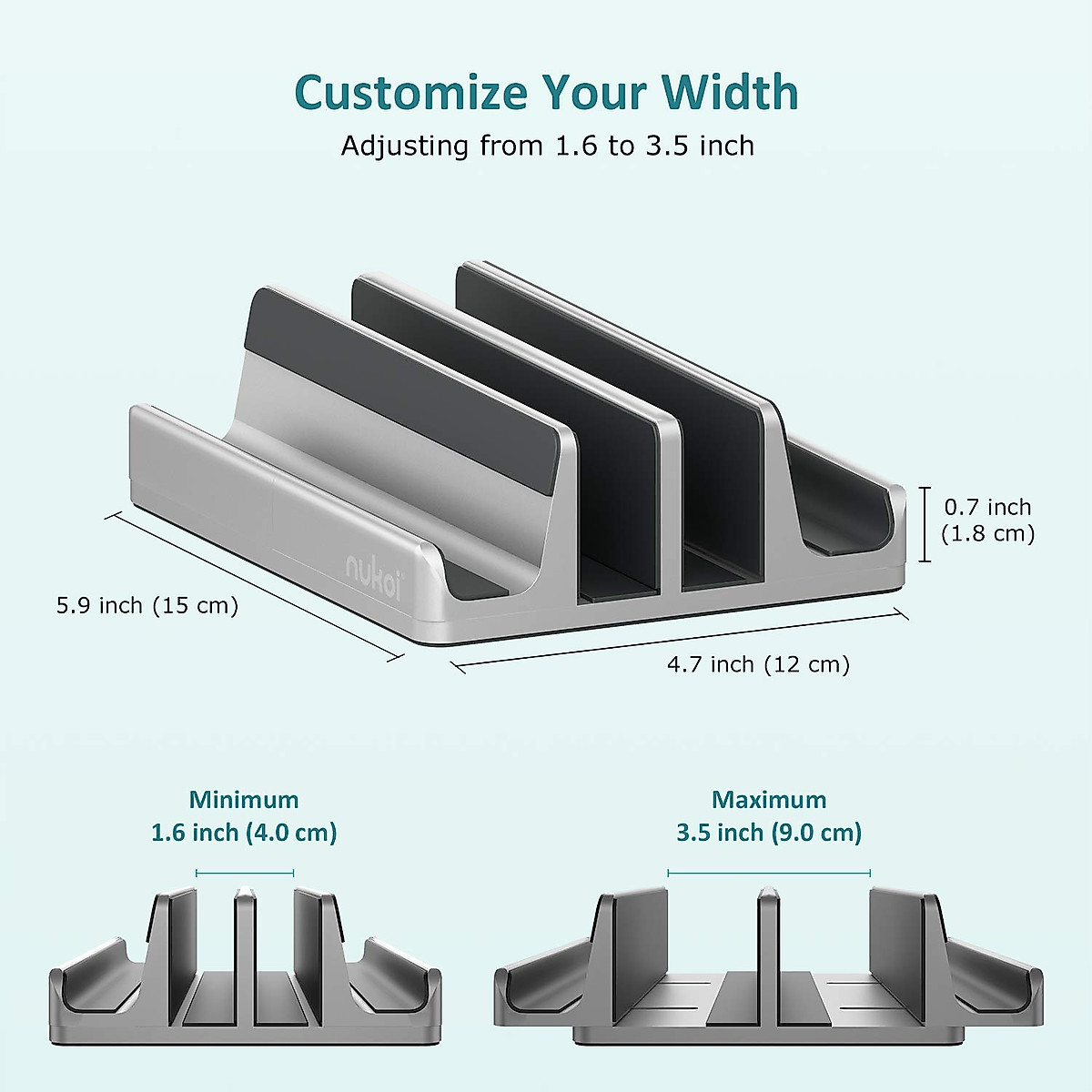 Nukoi Vertical Laptop Stand - SPACEMax Adjustable GRIPLock Anti-Tip Silicone 4 Slots Aluminum Desktop Holder - Double Dock Stand - 2 Phone Slots Fits Up to 17.3” Laptops, Tablets, Phones - Silver