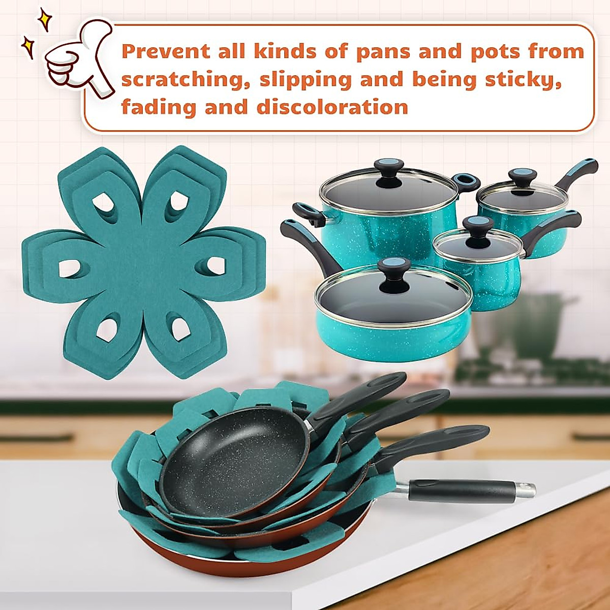BYKITCHEN Pot Pan Protectors, Set of 6 & 3 Different Sizes, Felt Pot Protectors for Stacking, Cyan Pan Separators Protectors for Stacking and Protecting Your Cookware