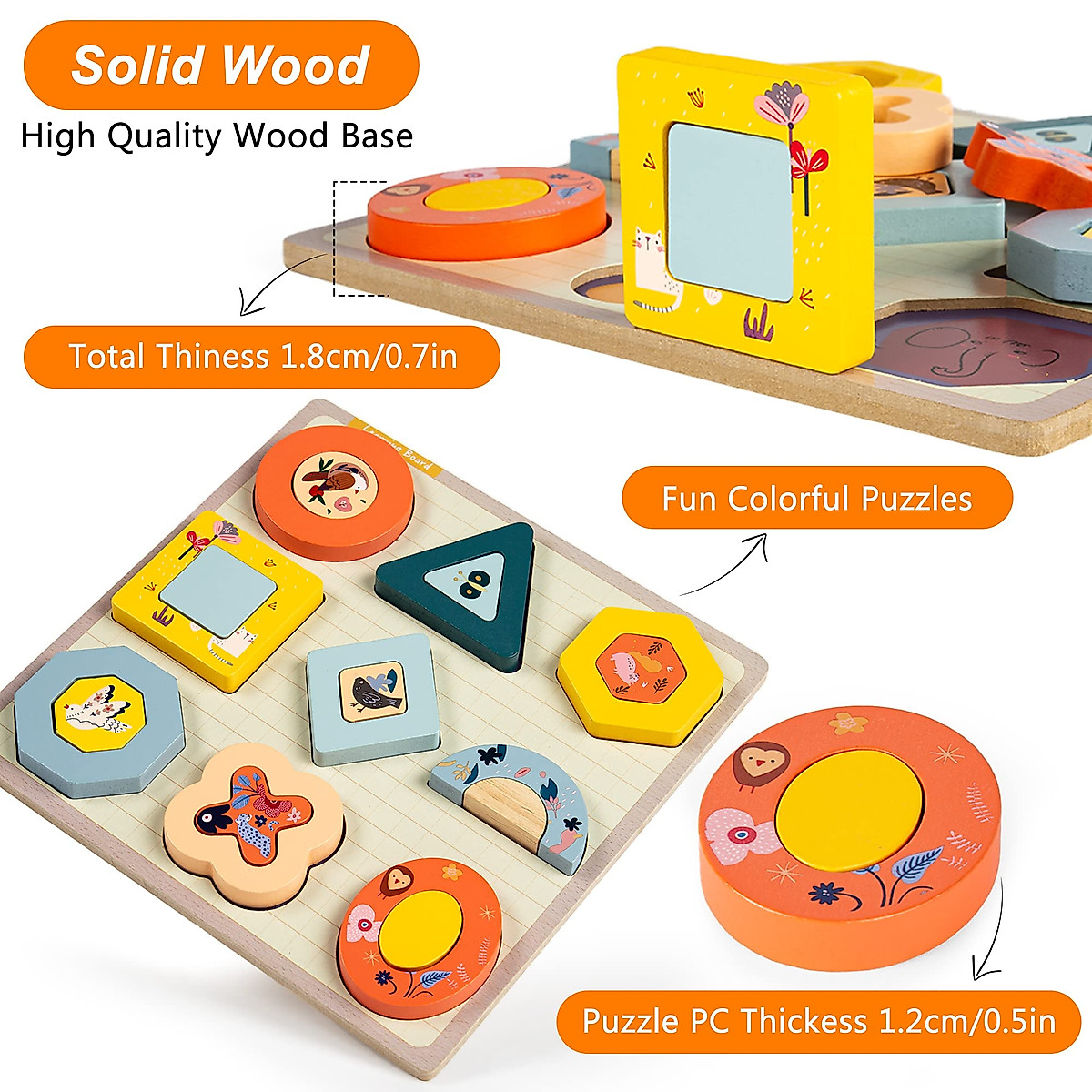 TOGELIN Wooden Puzzles for Toddlers 1-3, Baby Puzzles, Montessori Toys for Kids, Preschool Learning Toys for Boys and Girls-Fruit & Shape