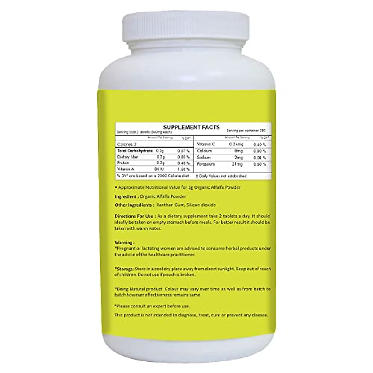 HERBAL HILLS Alfalfa Tablets | 500 Count | Source of Vitamin A | Natural Green Superfoods