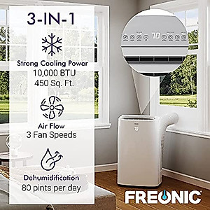 Freonic 10,000 BTU Portable Air Conditioner | LED Display | 24H Timer | Auto-Restart | Sleep Mode | Dehumidifier | AC for Rooms up to 450 Sq. Ft | FHCP101AKR