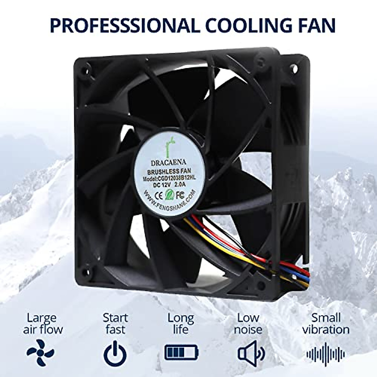 Dracaena 2 Pack Replacement Bitmain Fan for Antminer S9, T9, Z9, D3, E3, X3, L3+, 4pin, 120X120X38mm Cooling Fan, DC12V, 2.1A, 209CFM, 6000RPM, 65.2 dBA