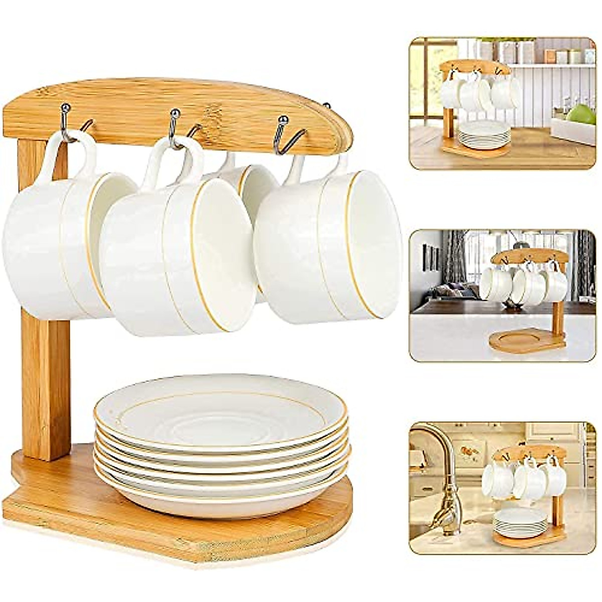 TAIHE Coffee Mug Holder, Coffee Mug Rack with Saucer Basket Storage, 6 Hooks can Hanging Your Love Mug & Cup & Tea Cup, Countertop Cup Hold 8x6 x9 (Natural Bamboo)