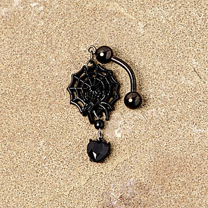 Body Candy Black Plated Steel Navel Ring Piercing Black Heart Spiderweb Reversible Dangle Belly Button Ring
