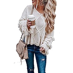 HZSONNE Women's Casual V Neck Tassel Bell Long Sleeve Boho Loose Kimono Cable Knit Pullover Sweater Jumper Tops (White, Large)