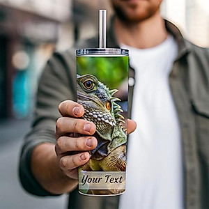 Personalized Custom Name Text Water Dragon Lizard Reptile Skinny Tumbler 20oz with Straw Insulated Water Bottle Gift - 1 Line Horizontal