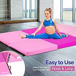 Matladin 6' Folding Tri-fold Gymnastics Gym Exercise Aerobics Mat, 6ft x 2ft x 2in PU Leather Tumbling Mats with Hook & Loop Fastener for Stretching Yoga Cheerleading Martial Arts (Purple&Pink)